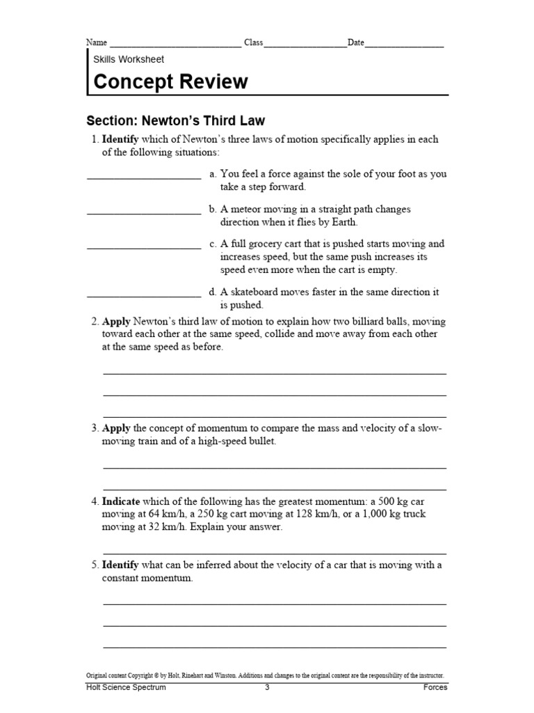 Skills Worksheet Concept Review Section: Newton's Third Law | PDF