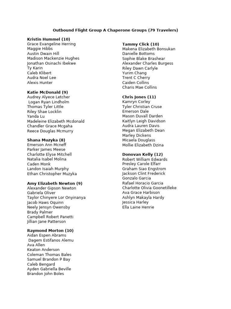 Outbound Flight Group a Chaperone Groups | PDF