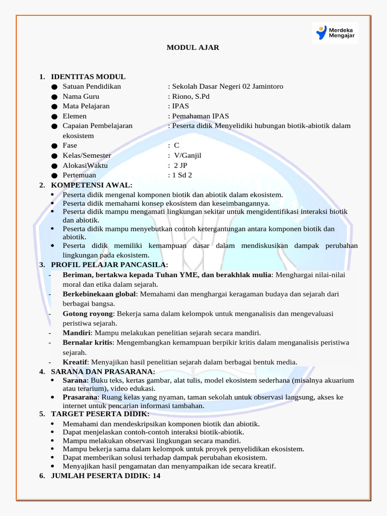 Draft Baru Modul Ajar Ipas PPG Riono | PDF