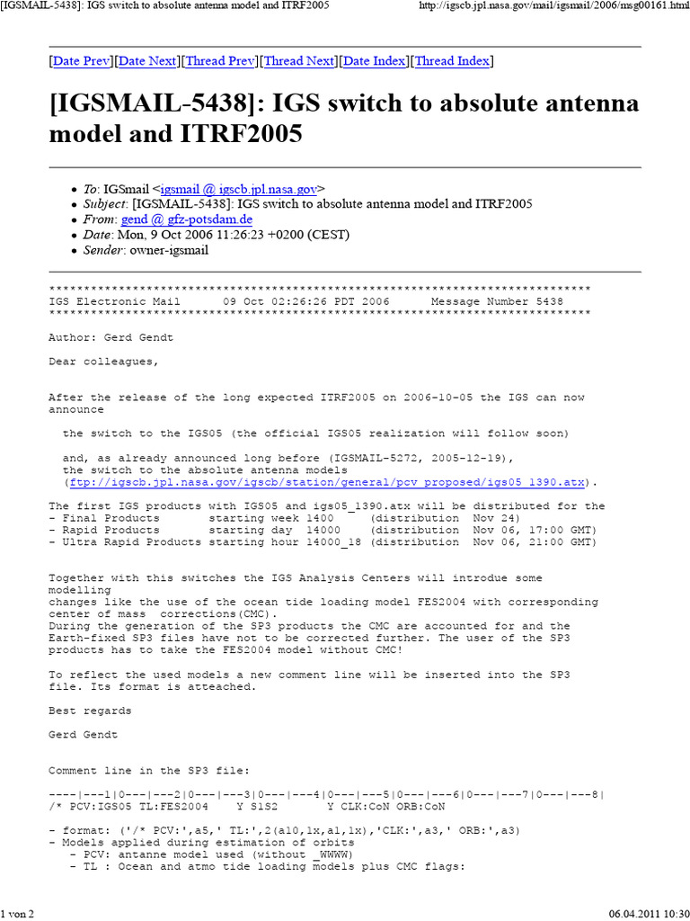 IGSMAIL-5438 IGS Switch To Absolute Antenna Model and ITRF2005 | PDF