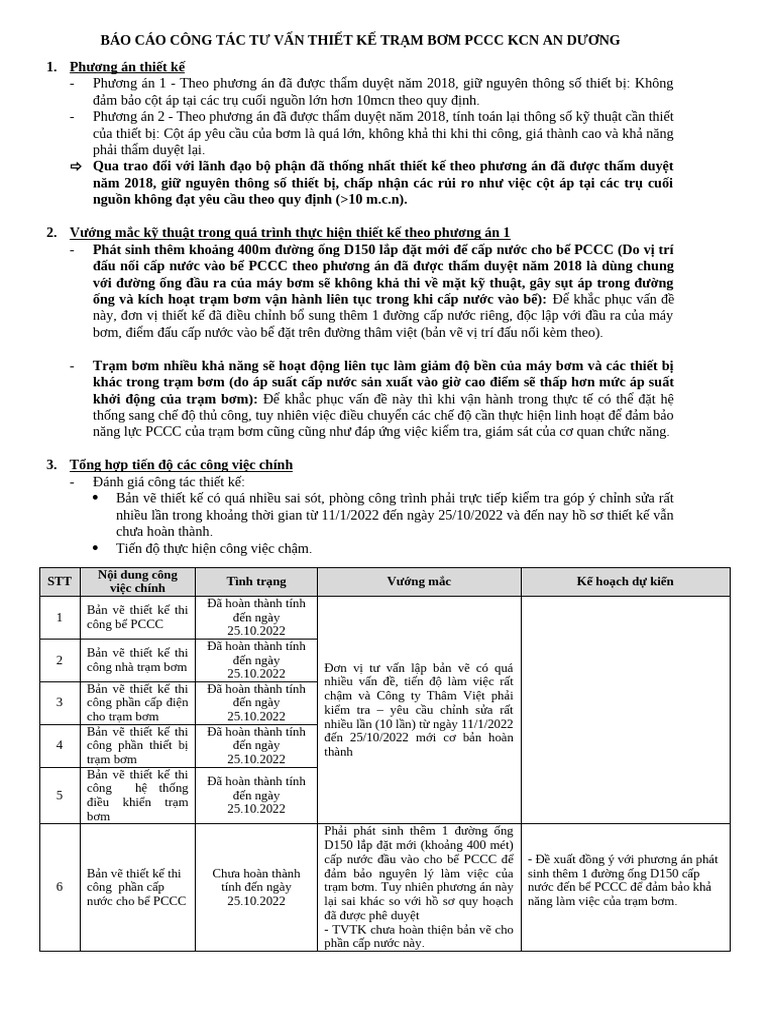 1 BÁO CÁO CÔNG TÁC TƯ VẤN THIẾT KẾ TRẠM BƠM PCCC KCN AN DƯƠNG (sửa) | PDF