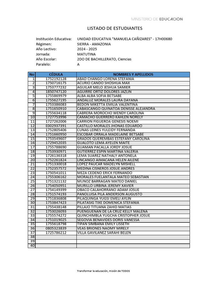 2BGU Listado Segundo Ciencias | PDF