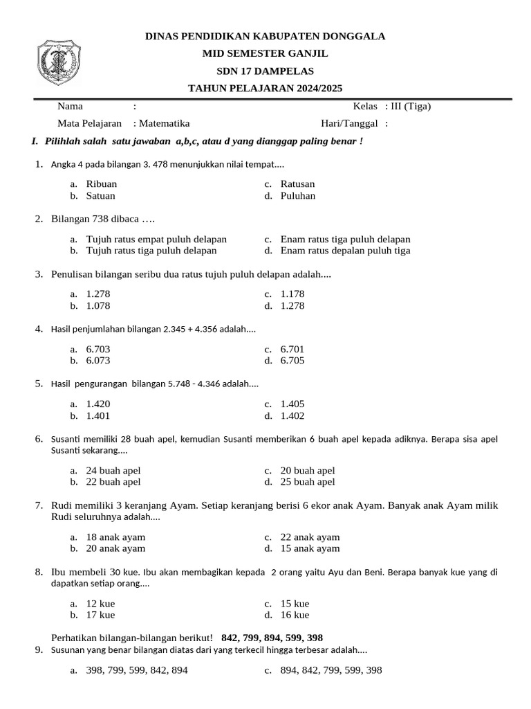 Soal Mid Kelas 3 Matematika 1 | PDF