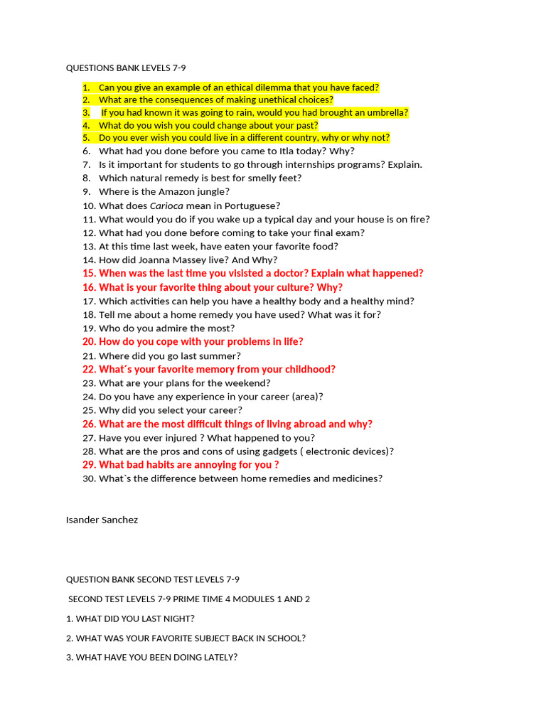 QUESTION BANK LEVELS 7-9 | PDF