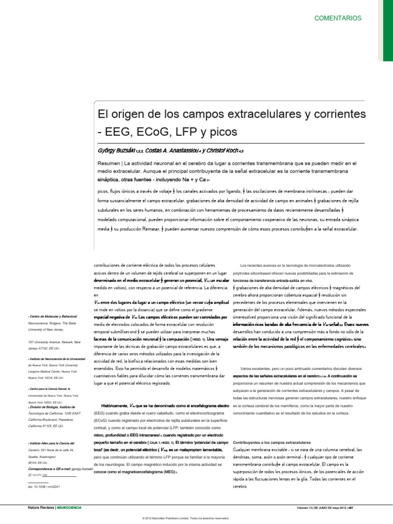 Buszaki 2012 The Origin of Extracellular Fields Traducido | PDF