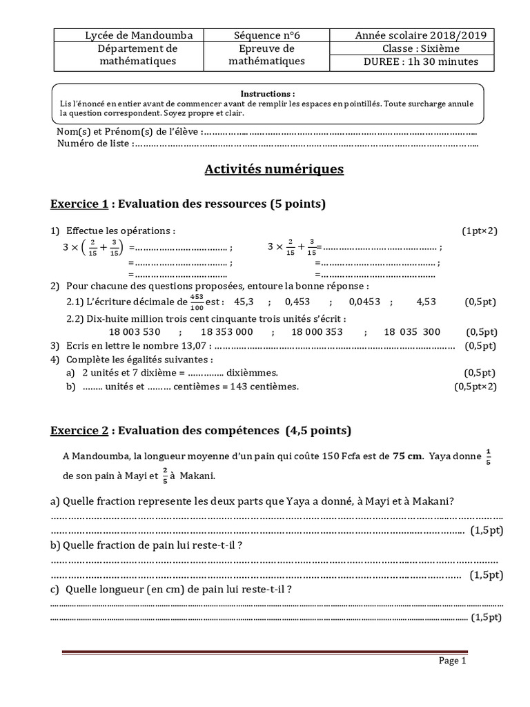 Mathématiques - Lycée de Mandoumba - Séquence N°6 - Classe 6ème Cameroun | PDF