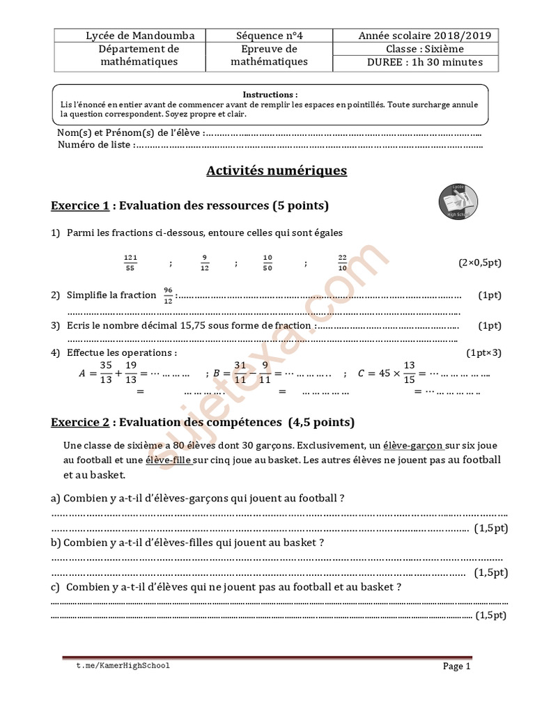 Mathématiques - Lycée de Mandoumba - Séquence N°4 - Année Scolaire 20182019 Classe 6ème Cameroun ...