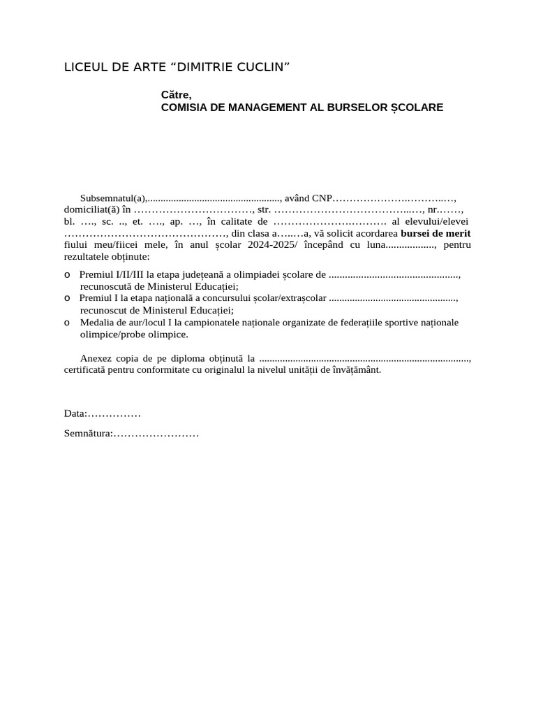 Cerere Bursa Merit 2024 | PDF