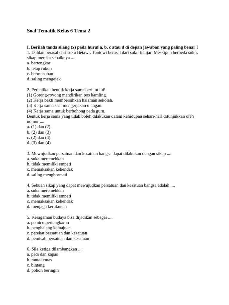 Soal Tematik Kelas 6 Tema 2.docx (PKN) | PDF
