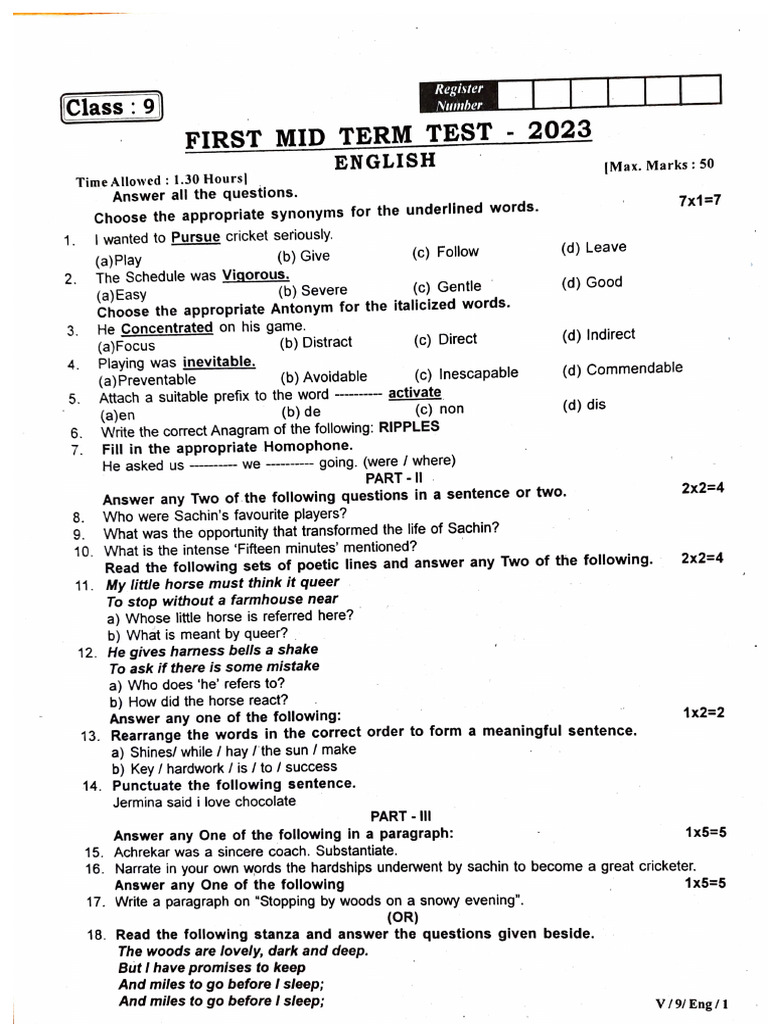 Zeal Study 9TH - English - FIRST MID TERM-2023 - Question Paper | PDF