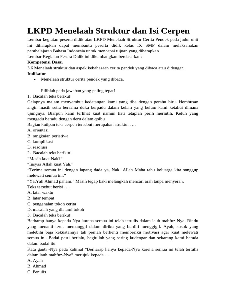 LKPD Menelaah Struktur Dan Isi Cerpen | PDF