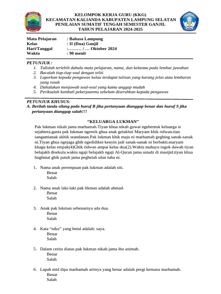 Sumatif TS Ganjil B.Lampung Kls II | PDF