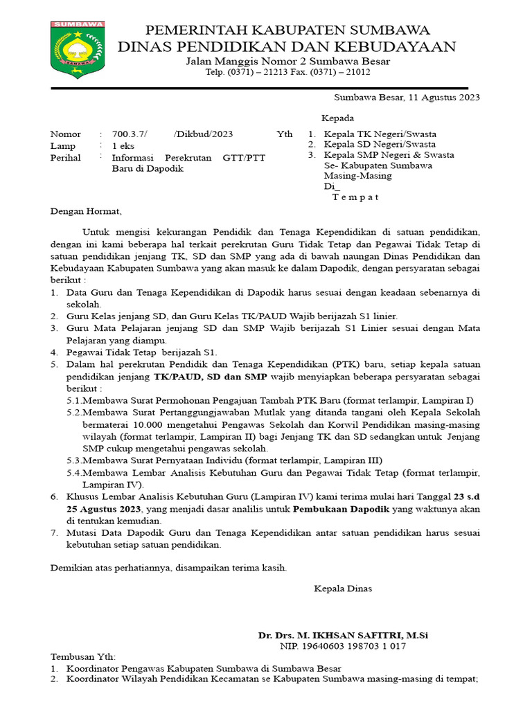 Draf Surat Perekrutan PTK Baru | PDF | Indonesia