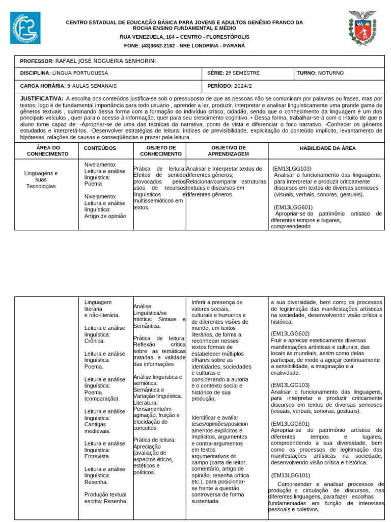 Planejamento de Língua Portuguesa 2024 | PDF | Linguística | Ciências ...