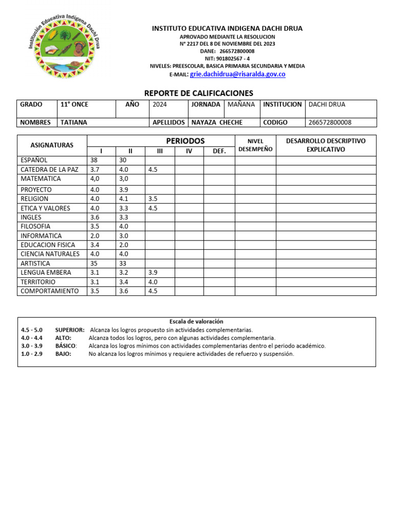 Reporte de Calificaciones 11° Dachi Drua | PDF | Educación de la ...