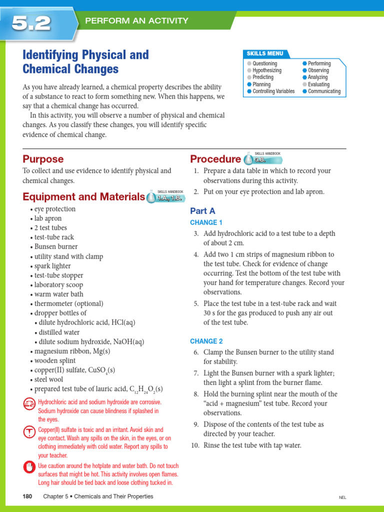 Identifying Physical and Chemical Changes: Purpose Equipment and ...