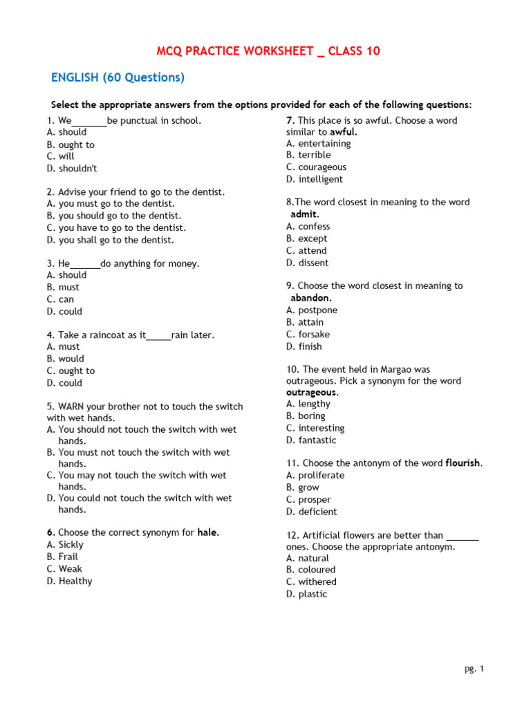 English MCQ Practice for Class 10 | PDF | Language Arts & Discipline