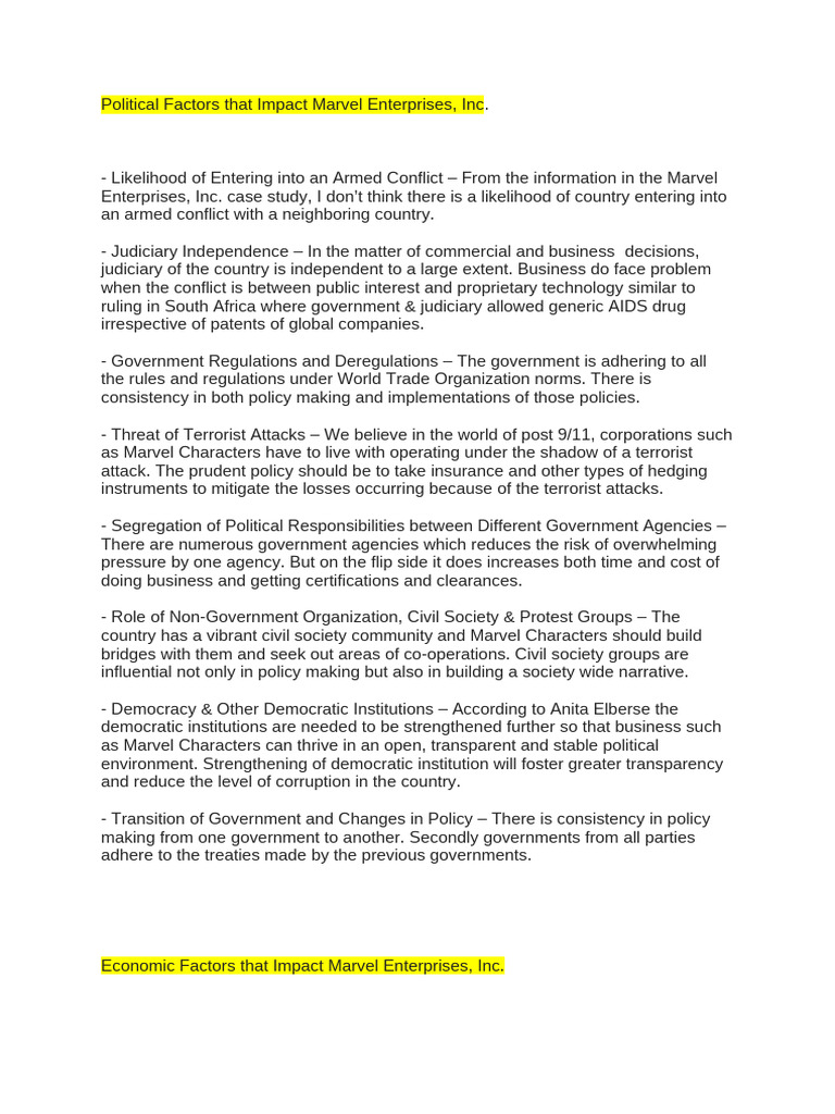 Marvel Enterprises PESTEL - Analysis | PDF