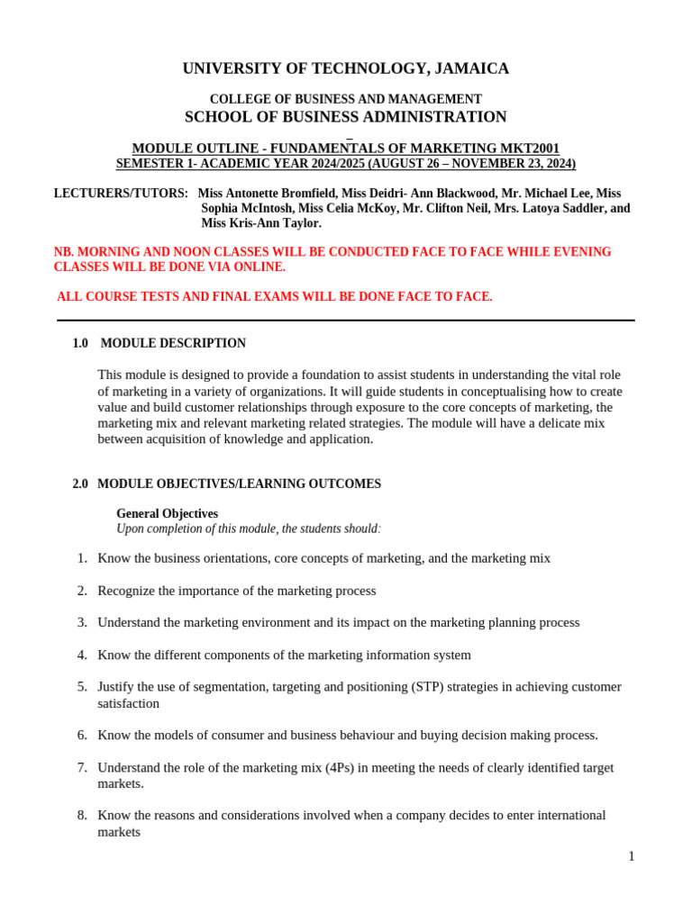 Fundamentals of Marketing - Module Outline and Tuorial Questions Sem 1 Ay 202425 | PDF
