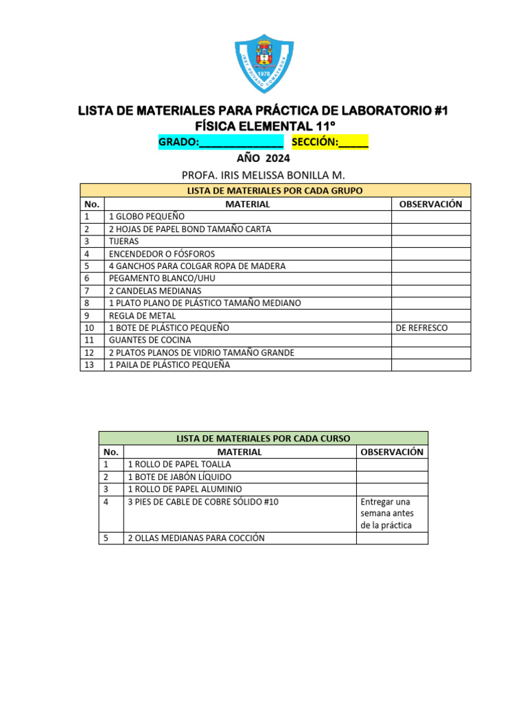 Lista Materiales Lab. Física #1 11o | PDF