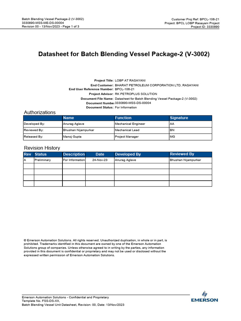 Datasheet For Batch Blending Vessel Package-2 (V-3002) : Authorizations | PDF | Heat Exchanger ...