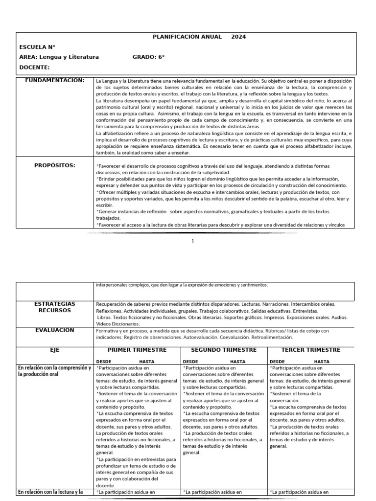 Planificación Anual Lengua 6 Grado 2024 Pdf 4961