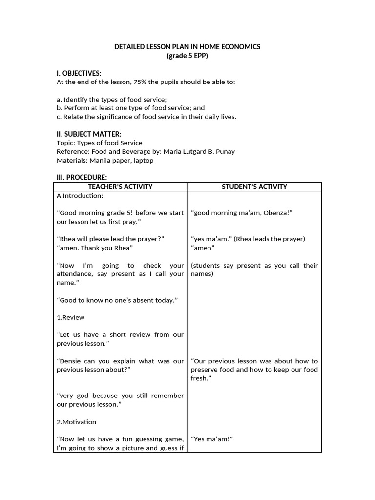 Detailed Lesson Plan in Home Economics | PDF