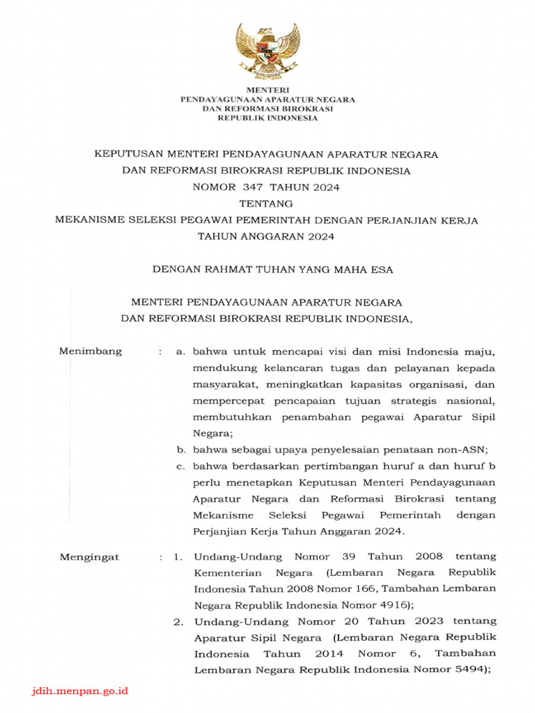 347 - 2024 - Kepmenpanrb Tentang Mekanisme Seleksi PPPK Ta 2024 1 | PDF