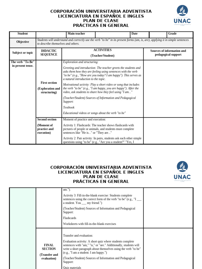 Formato Plan de Clase Ingles - 2022-2 Descripción | PDF