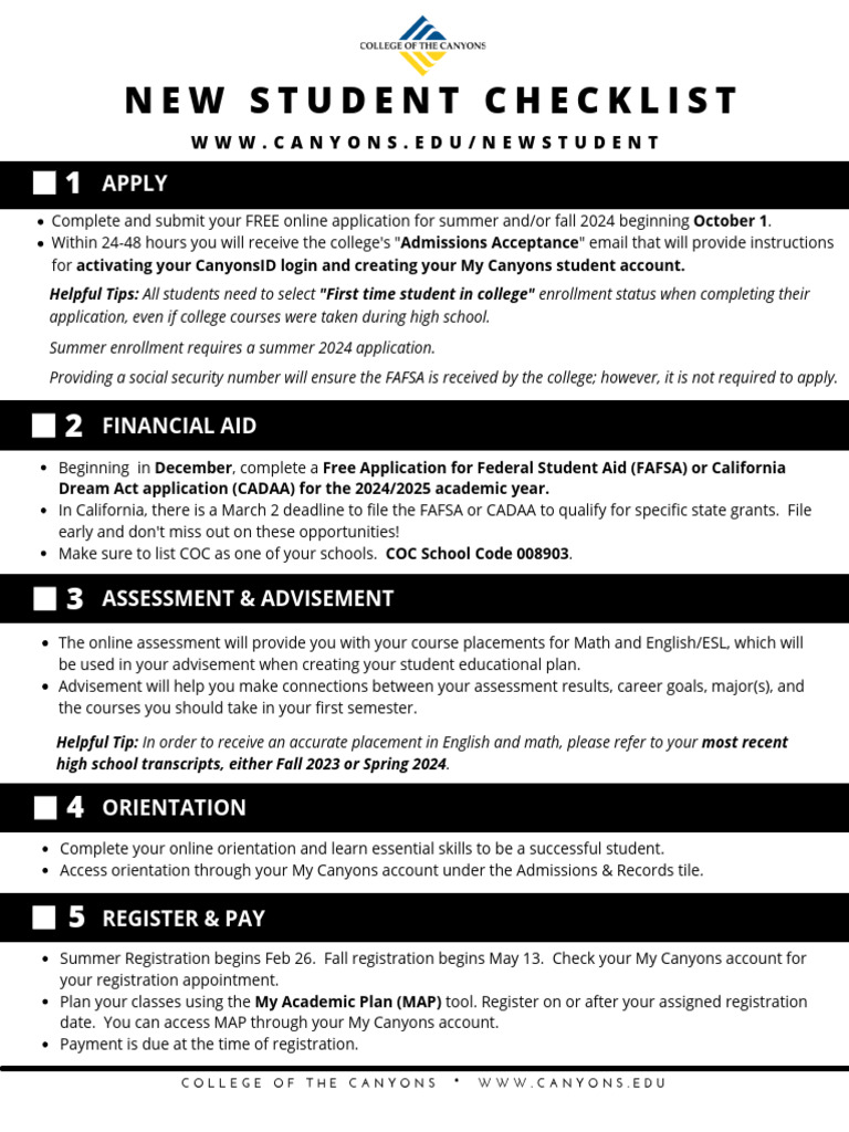 New Student Checklist Fall 2024 | PDF | The United States