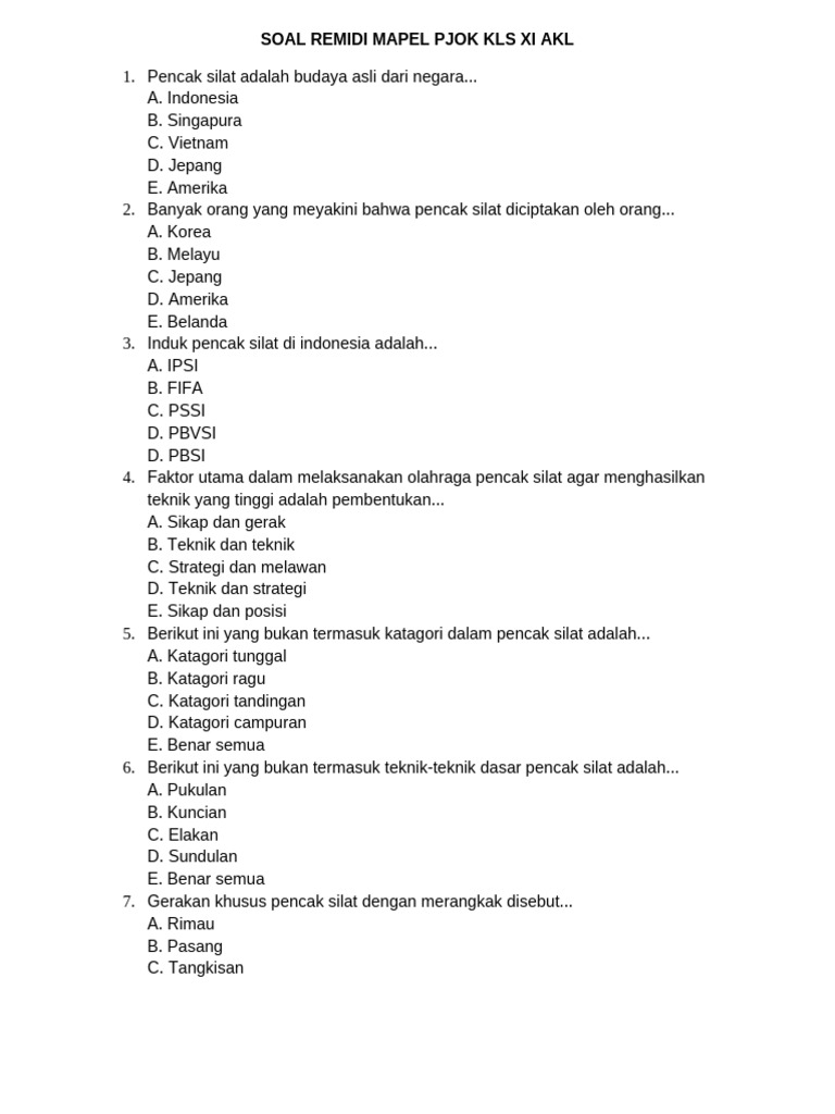 Soal Remidi Mapel Pjok KLS Xi Akl | PDF