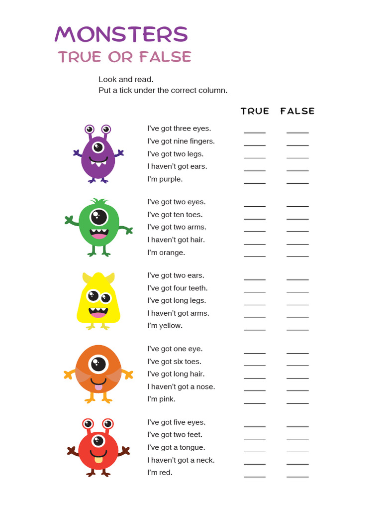 Monsters Description True or False Worksheets Full Colour Simple Fun ...