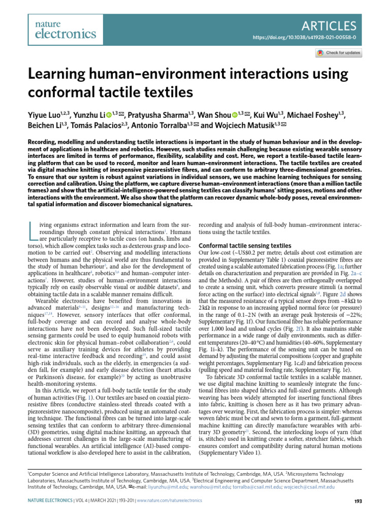 Tactile Textiles for Human Interaction Learning | PDF | Knitting | Textiles