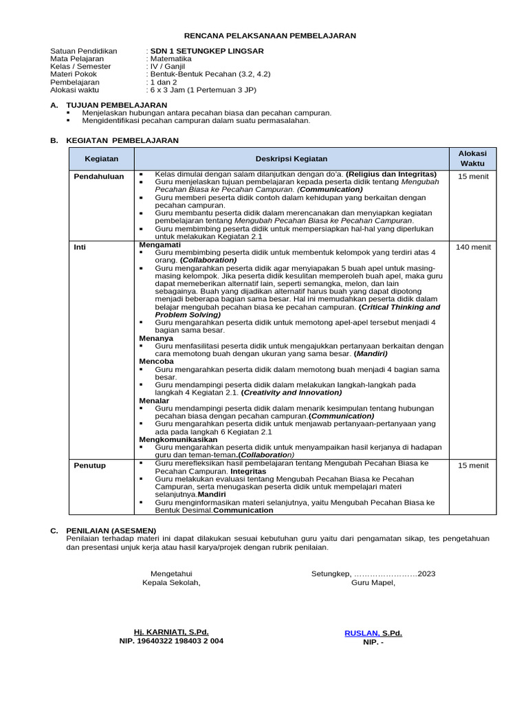 RPP 1 Lembar MTK Kelas 4 Bentuk-Bentuk Pecahan | PDF