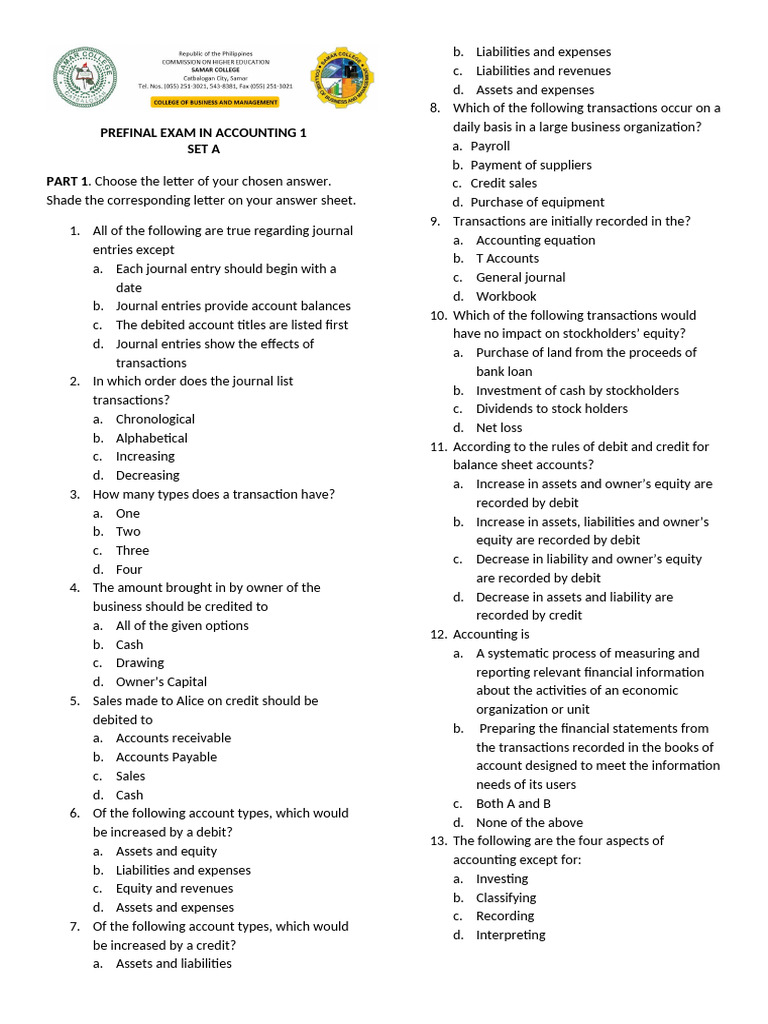 Accounting 1 Prelim Exam SET A | PDF