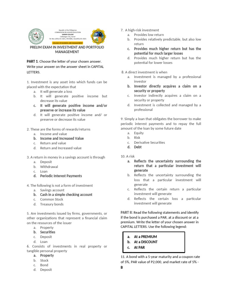 Prelim Exam in Investment and Portfolio Management | PDF