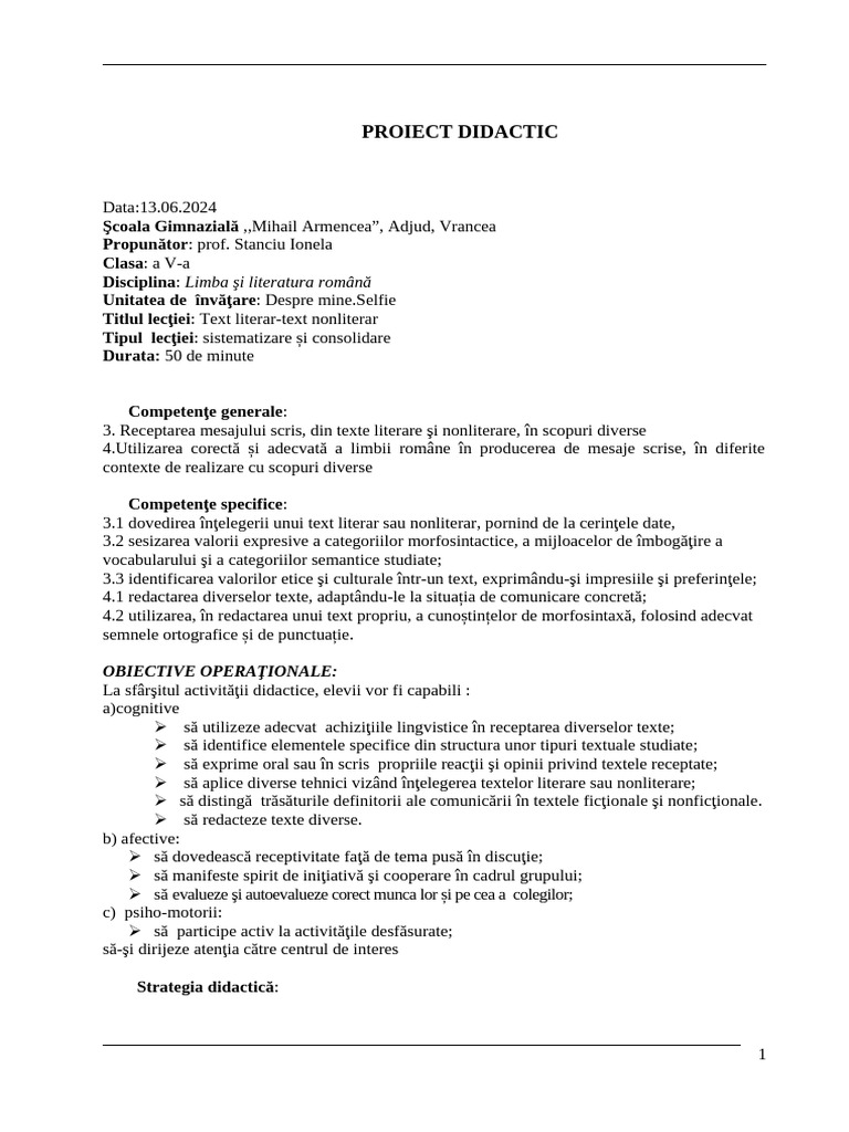 Proiect Didactic | PDF