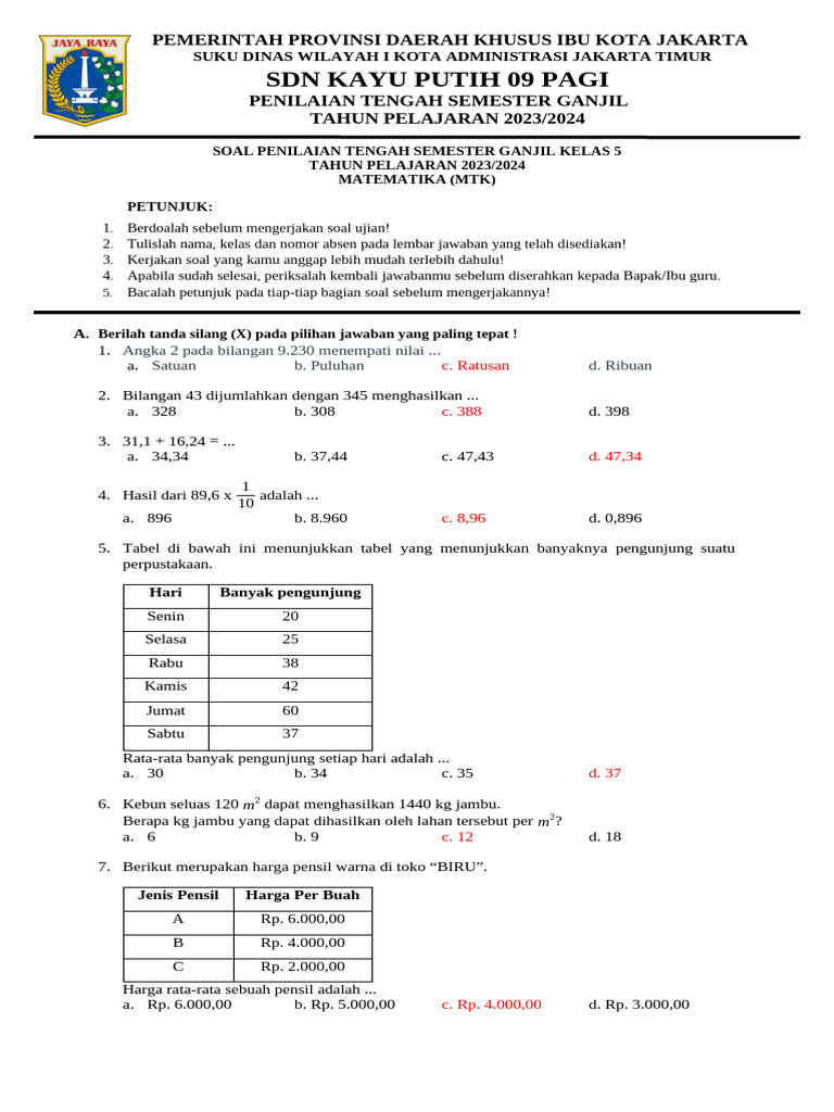 PTS Ganjil Matematika Kelas 5 | PDF
