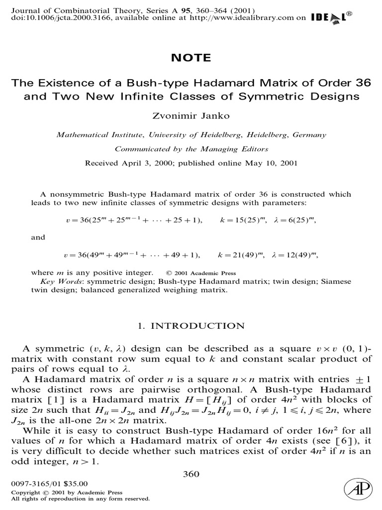 The Existence of A Bush-Type Hadamard Matrix of Order 36 and Two New ...