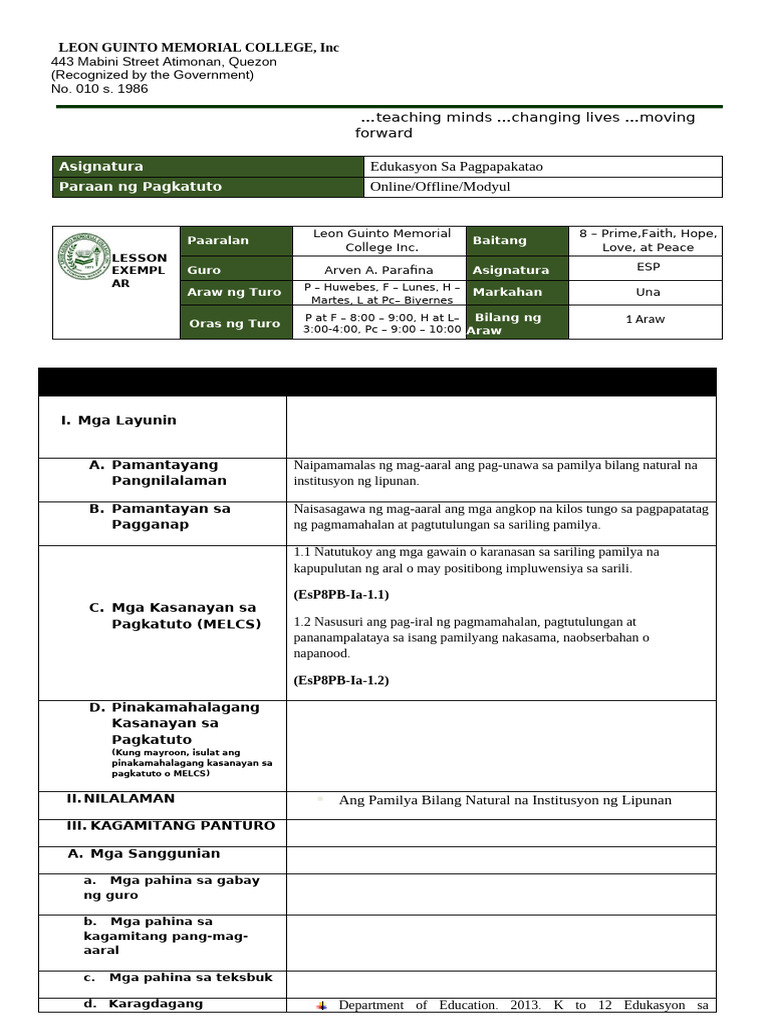 Lesson Exemplar Sa ESP 8 Week1 | PDF