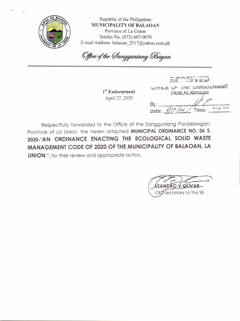 Municipal Ordinance No. 06 S. 2020 - Enacting The Ecological Solid ...