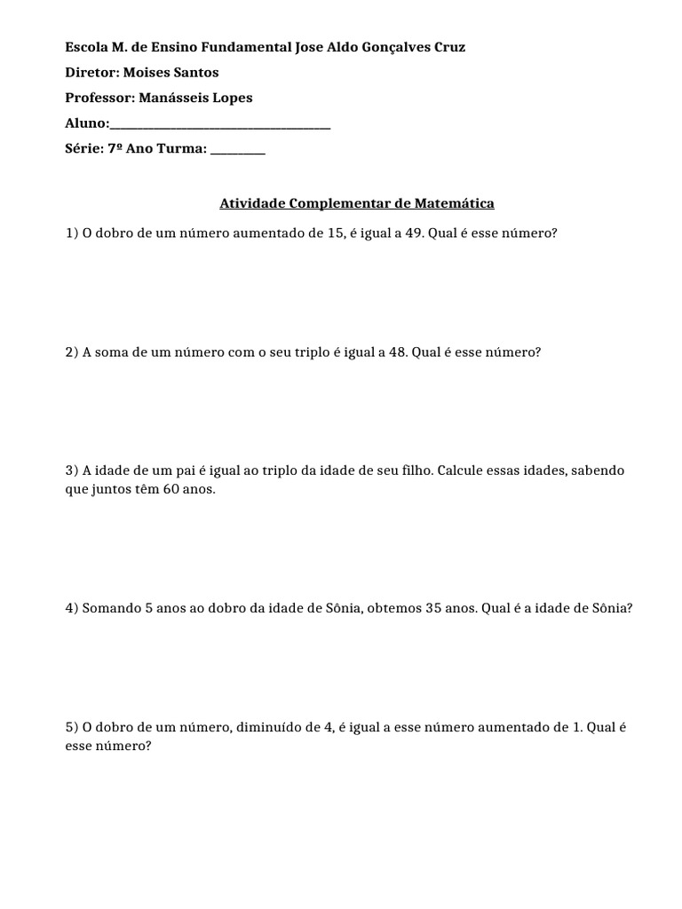 Atividade Complementar de Matemática - 7º Ano | PDF