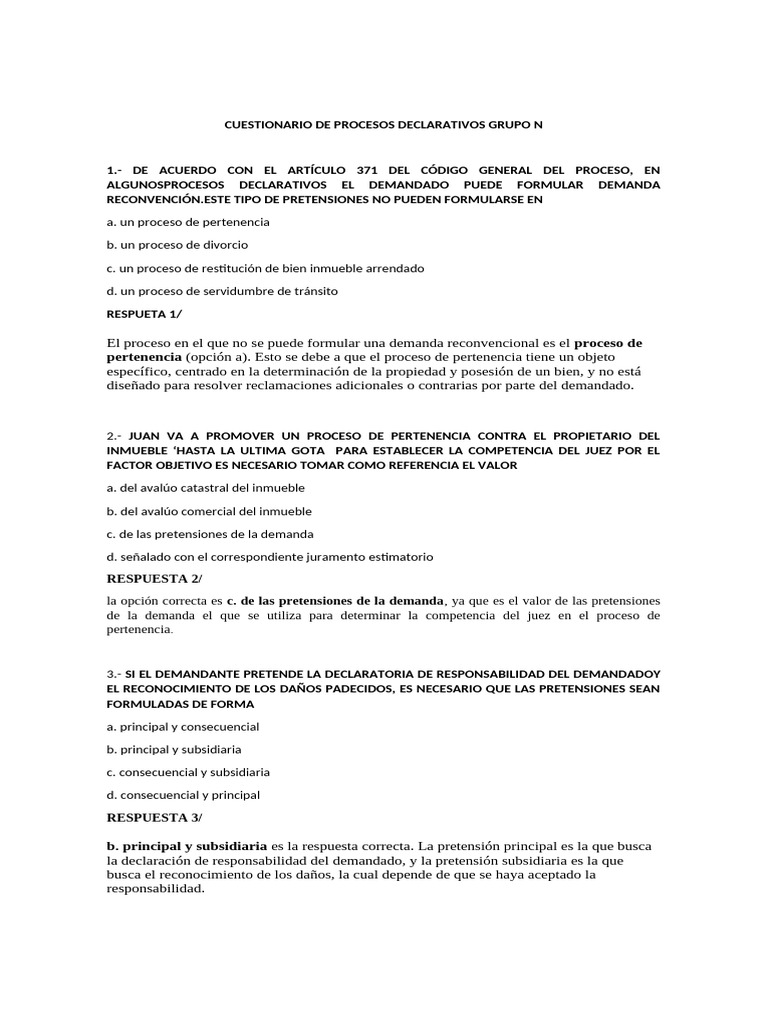 Cuestionario de Procesos Declarativos Grupo S Respuestas | PDF