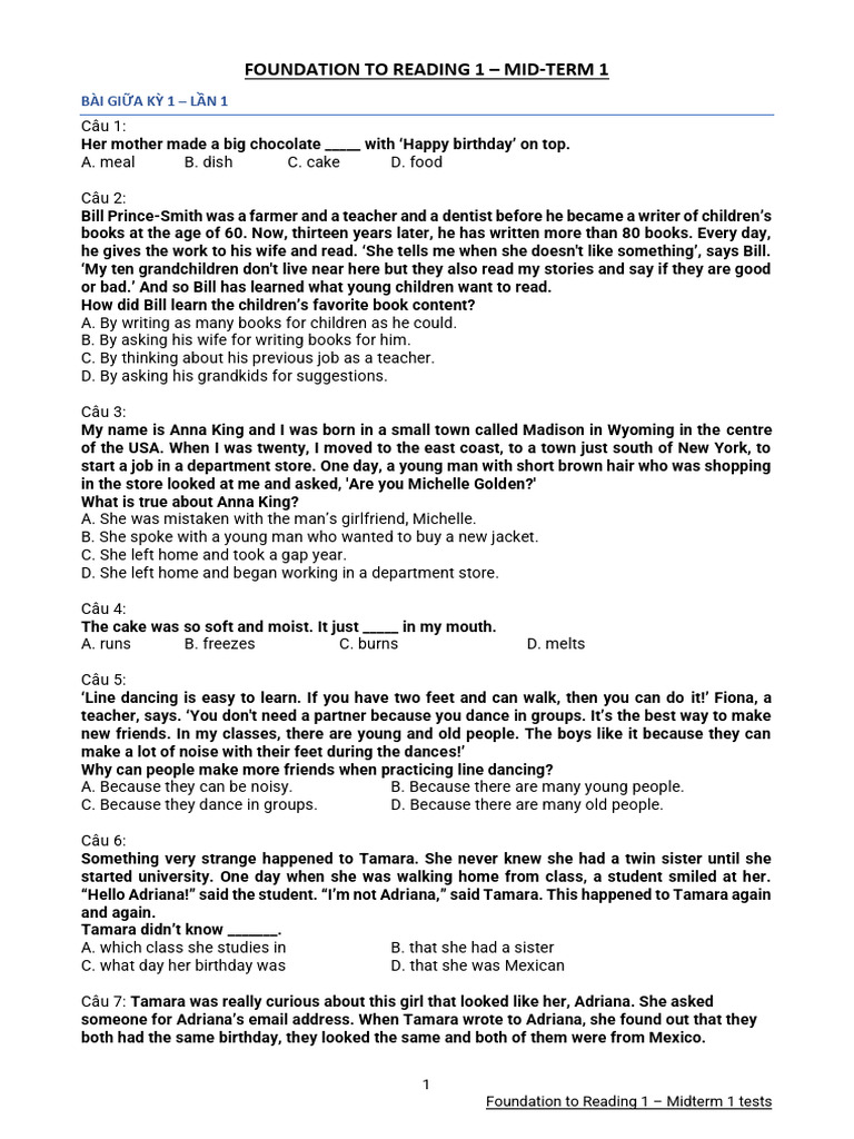 Foundation To Reading 1 - Bài Gi A K 1 | PDF