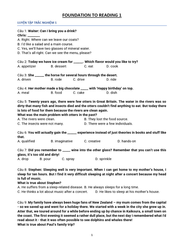 FOUNDATION TO READING 1 - Practice Exercise | PDF