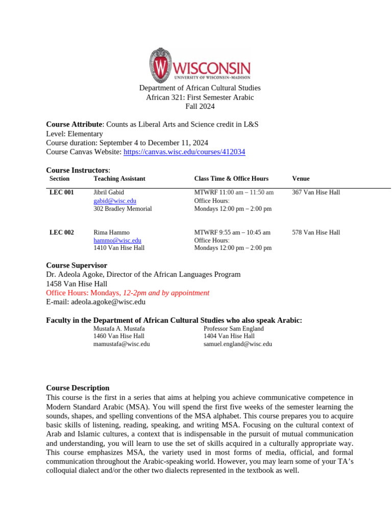 AFR 321 Arabic Syllabus Fall 2024 - 2 | PDF