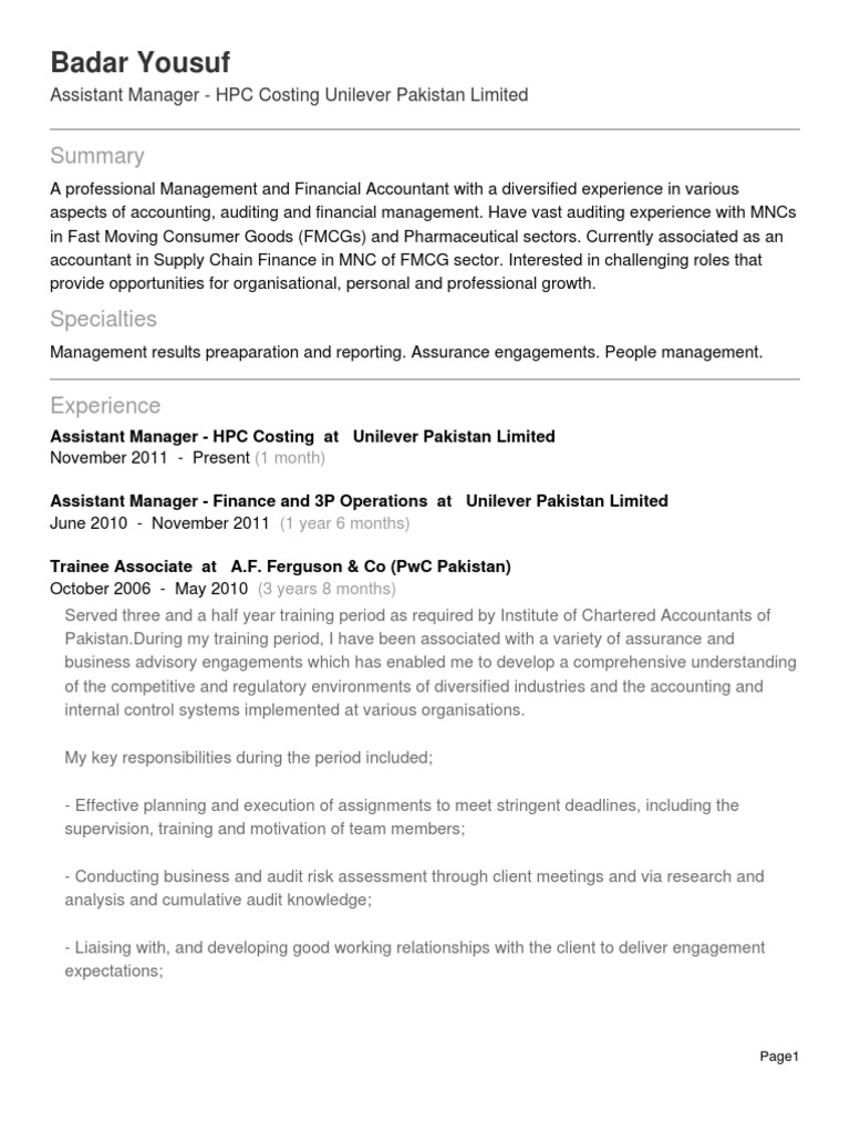 Badar Yousuf: Assistant Manager - HPC Costing Unilever Pakistan Limited | PDF | Accounting | Audit