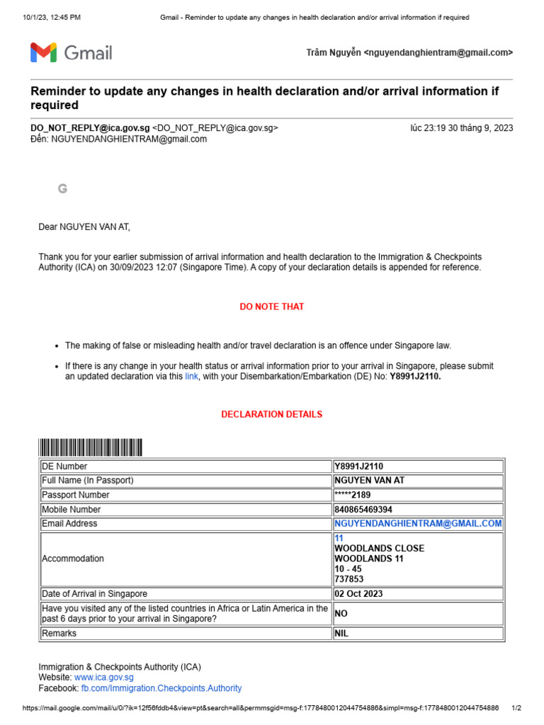 NGUYEN VAN at - Reminder To Update Any Changes in Health Declaration and - or Arrival ...