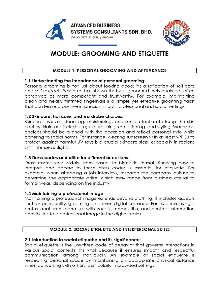 Grooming and Etiquette-Module | PDF