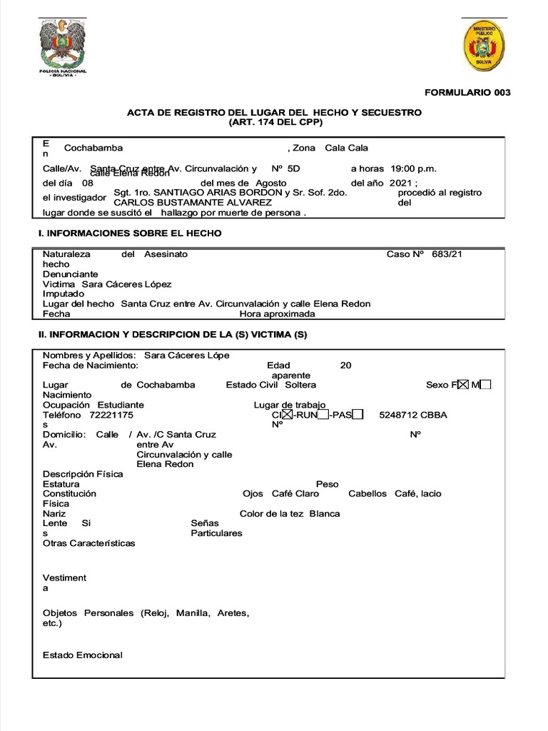 PDF Formulario 003 Acta de Registro Del Lugar Del Hecho y Secuestro Art 174 Del CPP - Compress | PDF